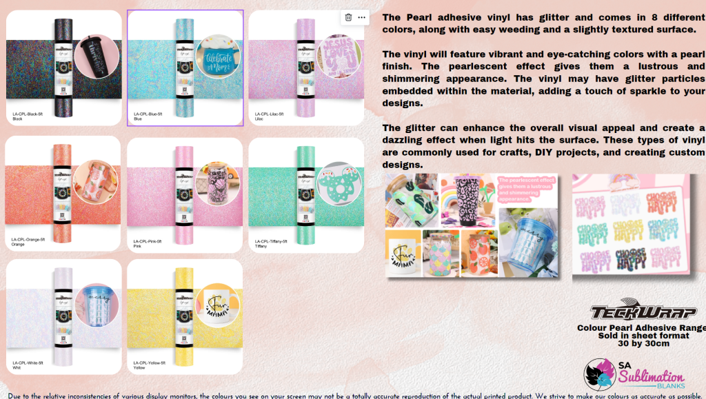 Teckwrap : Colour Pearl Adhesive Range (30 by 30cm) - SA Sublimation Blanks