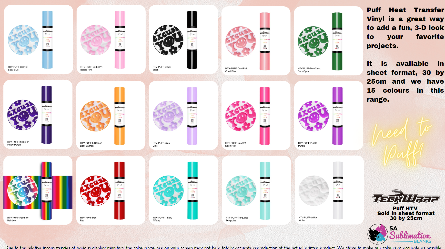 Teckwrap : Puff HTV Range (30 by 25cm) - SA Sublimation Blanks