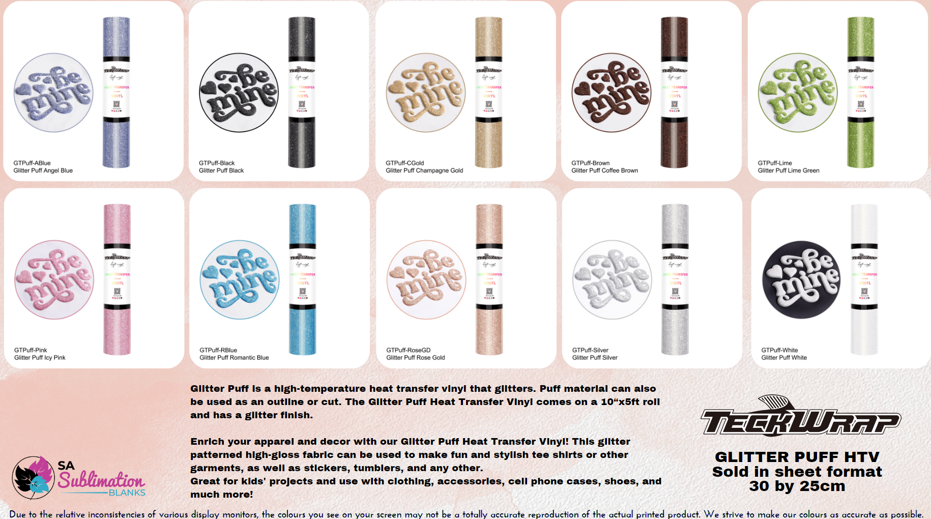 Teckwrap : Glitter Puff HTV Range (30 by 25cm) - SA Sublimation Blanks